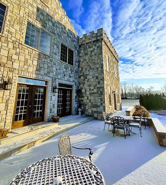 Winter snow on the castle terrace transforms this outdoor space into a scene from Narnia.