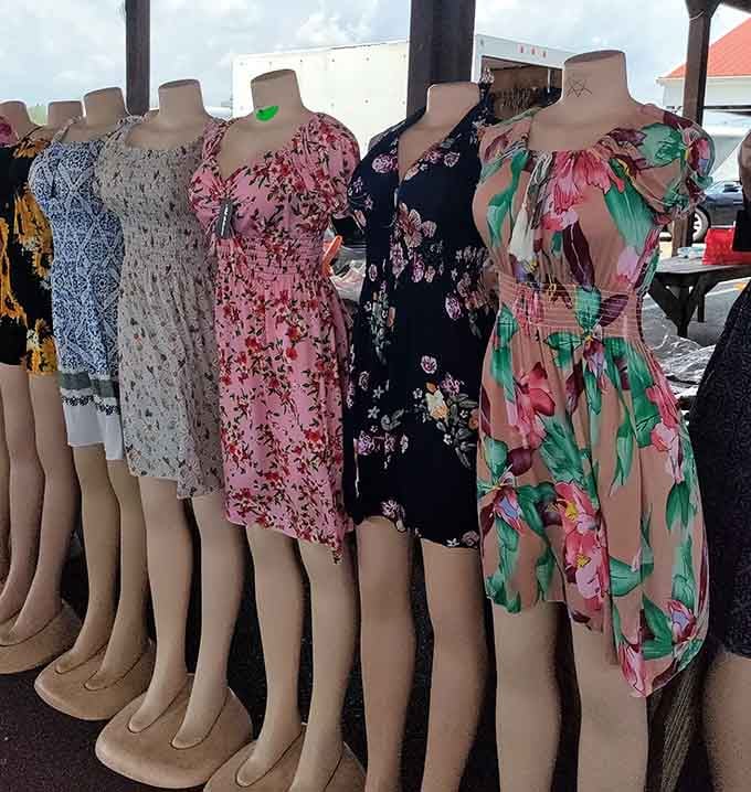 Floral sundresses on headless mannequins evoke memories of summer garden parties and church socials from decades past.