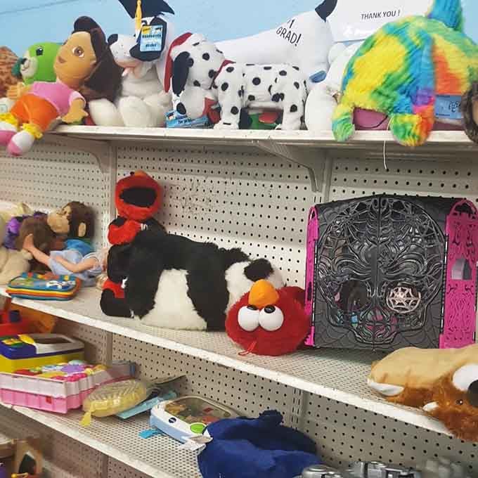 Stuffed animals and playthings line up like a toy store where nostalgia meets affordability for smart parents.