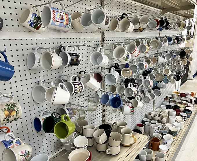 Coffee mugs in every color and style, ready to hold your morning brew with personality and thrift-store charm.