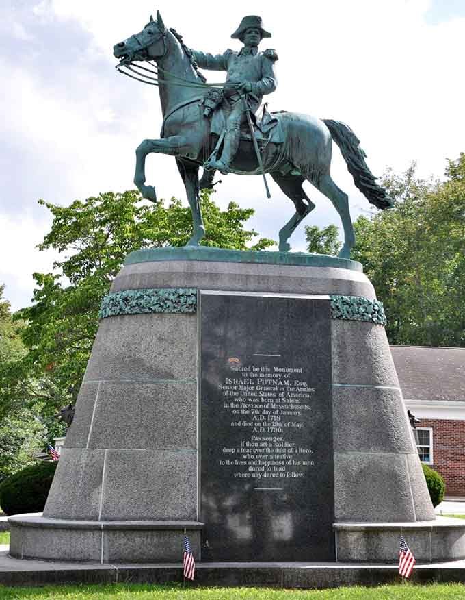 General Israel Putnam sits astride his bronze horse, forever ready to defend Connecticut with Revolutionary War determination and style.