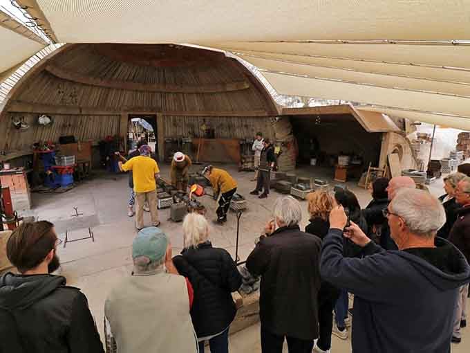 The bronze casting workshop draws crowds who watch liquid metal transform into art before their eyes.