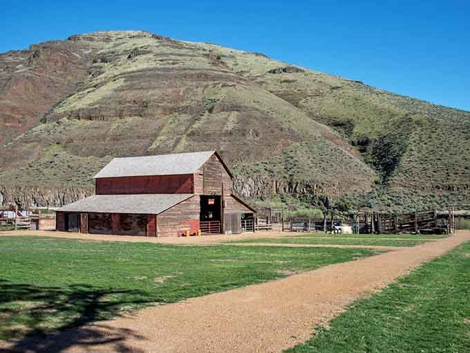 Historic ranch buildings nestle against towering cliffs, showcasing the park's agricultural heritage in this remote corner of the state.