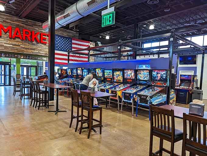 High-top tables between pinball machines mean you can rest your weary legs while plotting your next silver ball strategy.