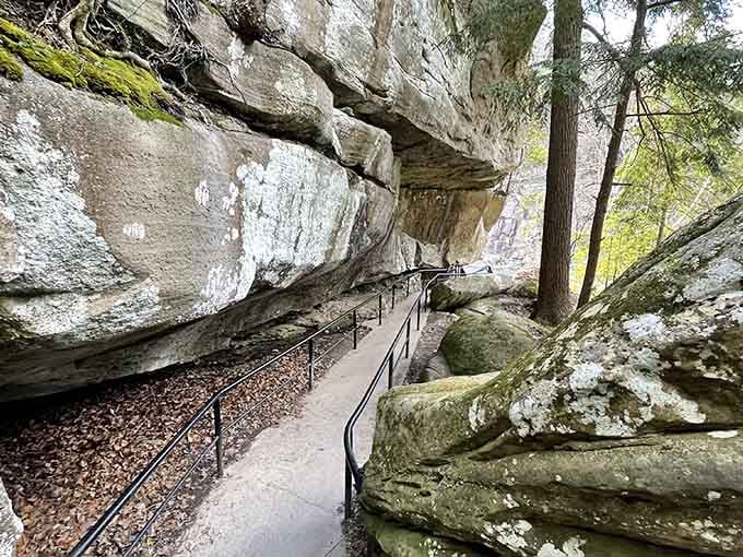 This winding trail beneath towering rock ledges feels like walking through a fantasy novel, minus the dragons but equally enchanting.