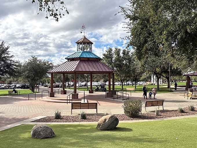 The park's gazebo serves as a peaceful observation point for watching trains loop by repeatedly, surprisingly therapeutic.