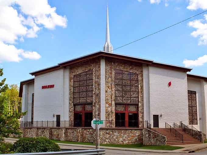 Mid-century church architecture with distinctive stonework shows how communities built beauty on any budget, any era.