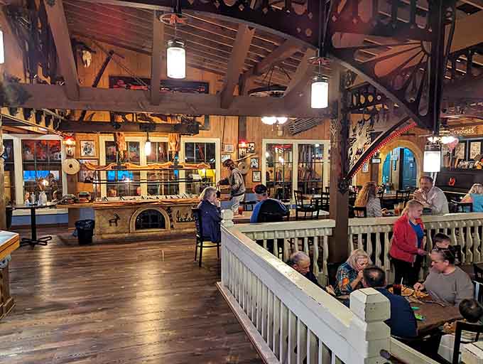 Inside, the rustic charm continues with exposed beams and enough Western atmosphere to make John Wayne proud.