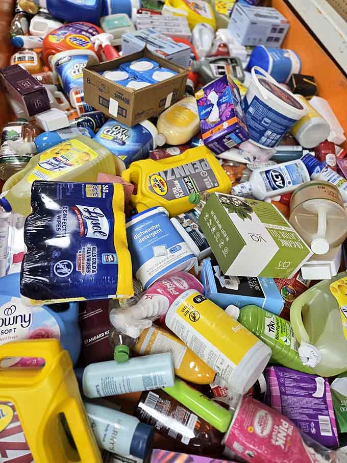 Personal care products piled high like a treasure chest, proving that looking good shouldn't cost your entire paycheck this month.