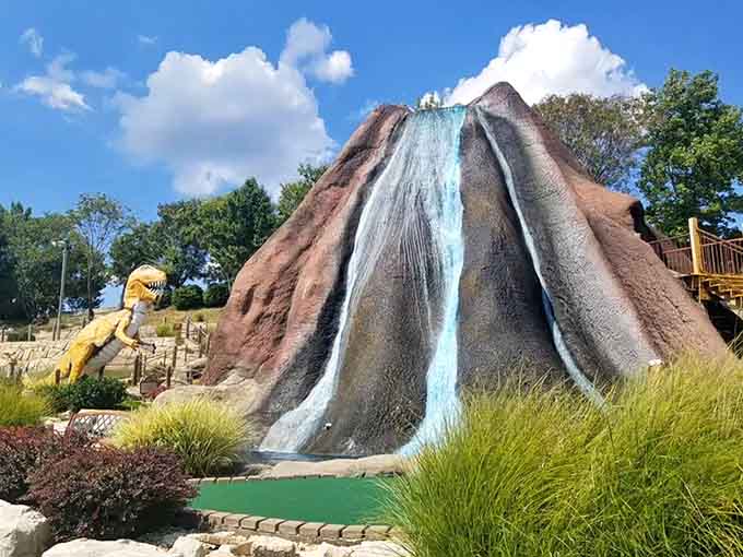 A cascading volcano waterfall adds drama to your putt because regular mini golf apparently wasn't challenging enough already.