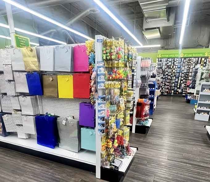 Gift bags in every color of the rainbow, because presentation matters even when you're being budget-conscious.