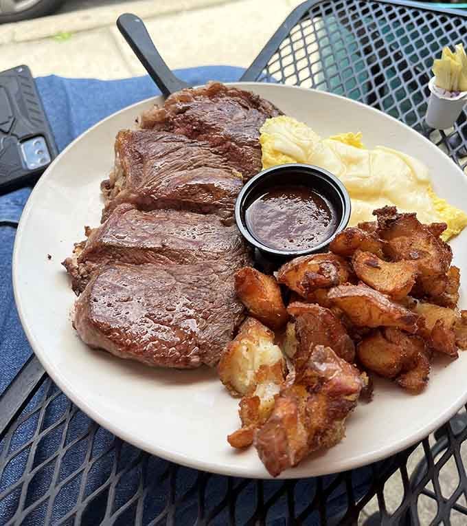 Steak and eggs proving that surf isn't the only turf worth waking up for on weekends.
