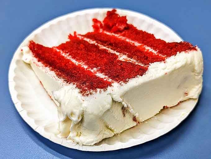 That red velvet cake sitting there like the perfect ending to an already perfect meal experience.