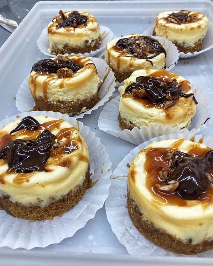 Mini turtle cheesecakes drizzled with caramel and chocolate, proving good things absolutely come in small packages.