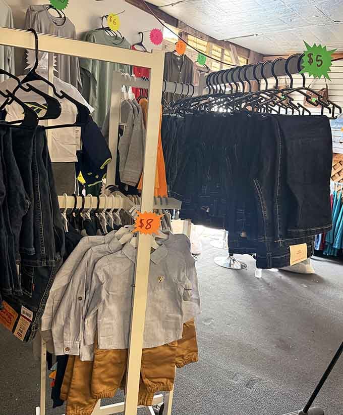 Casual wear hangs in neat rows where bargain prices meet surprisingly decent quality and style.