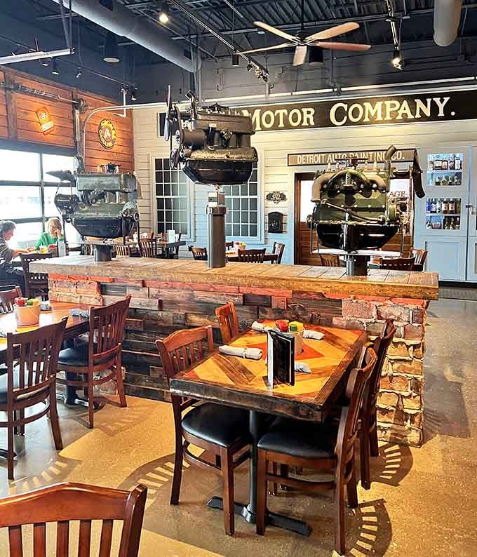 Dining surrounded by vintage engines and Ford memorabilia beats staring at boring beige walls any day, friend.