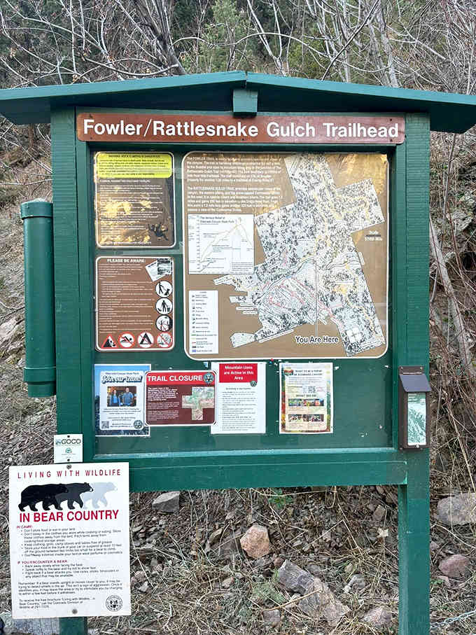 The trailhead information board shares everything you need to know, including the reassuring "You Are Here" dot we all love.