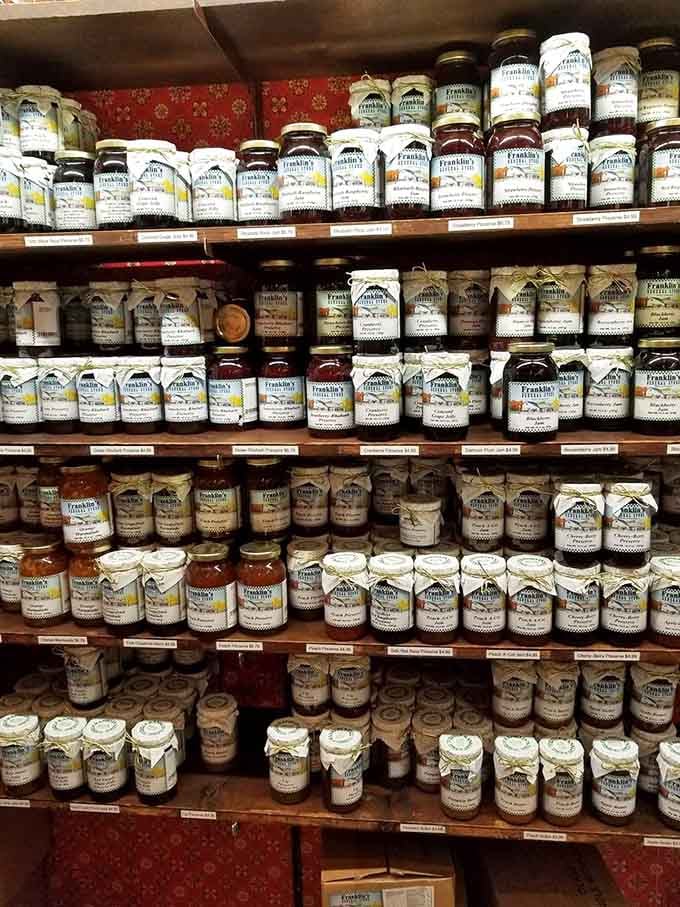 Rows of Franklin's jams standing at attention like delicious soldiers waiting to improve your morning toast.