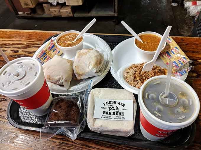 When your table looks like this, loaded with sandwiches, stew, brownies, and drinks, you know you've ordered exactly right.