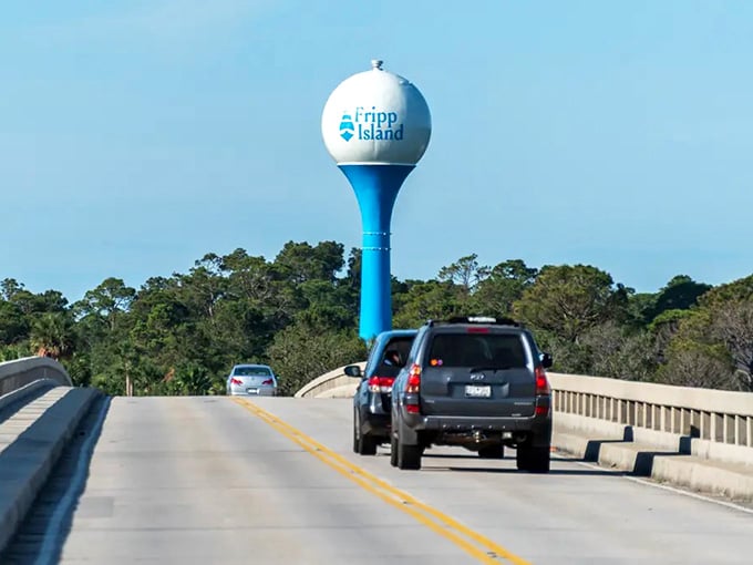 That blue water tower welcomes you across the bridge like a lighthouse guiding ships to calmer, happier waters ahead.