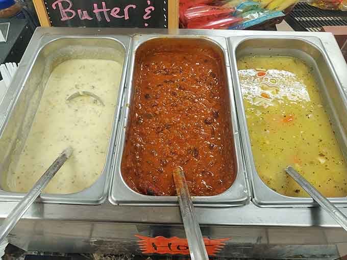 Three soup options bubbling away, ready to warm you up after that chilly mountain drive up I-70.