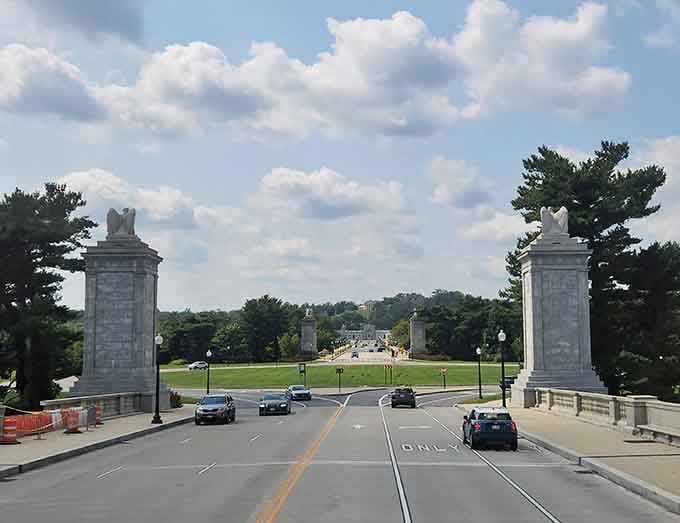 Arlington Memorial Bridge frames the cemetery entrance with columns that command respect before you even cross the threshold.
