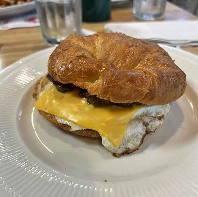 This breakfast sandwich on a croissant is basically morning elegance wrapped in buttery, flaky layers of joy.