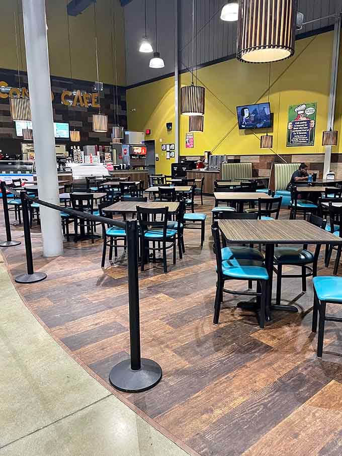 The cafe seating area offers respite for weary parents who've earned every moment of sitting down.