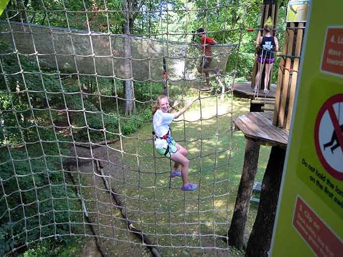Platform obstacles challenge climbers to channel their inner ninja warrior, minus the dramatic television commentary.