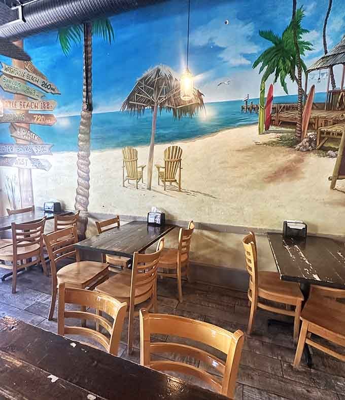 Palm trees and beach chairs transport diners somewhere tropical without the hassle of airport security.
