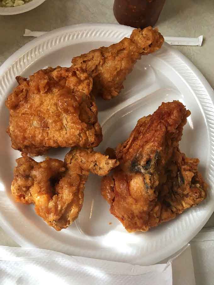 Crispy fried chicken with a crackling crust that would make the Colonel weep with envy and maybe a little bit of jealousy.