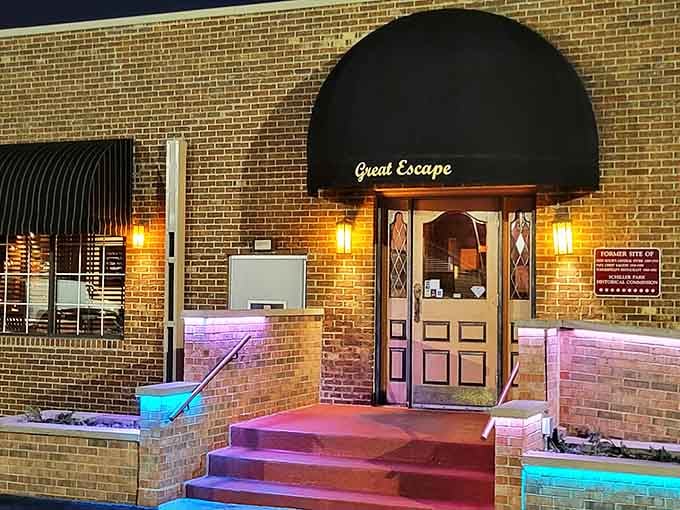 The entrance glows like a beacon for hungry souls seeking both sustenance and possibly spectral encounters.