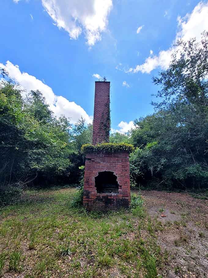 A brick chimney rises from the earth, telling stories without saying a word about what once was.