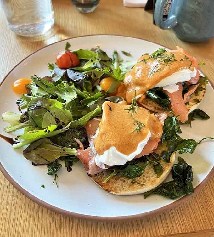 Lox Benedict with fresh dill and poached eggs that would make your Jewish grandmother weep tears of joy.