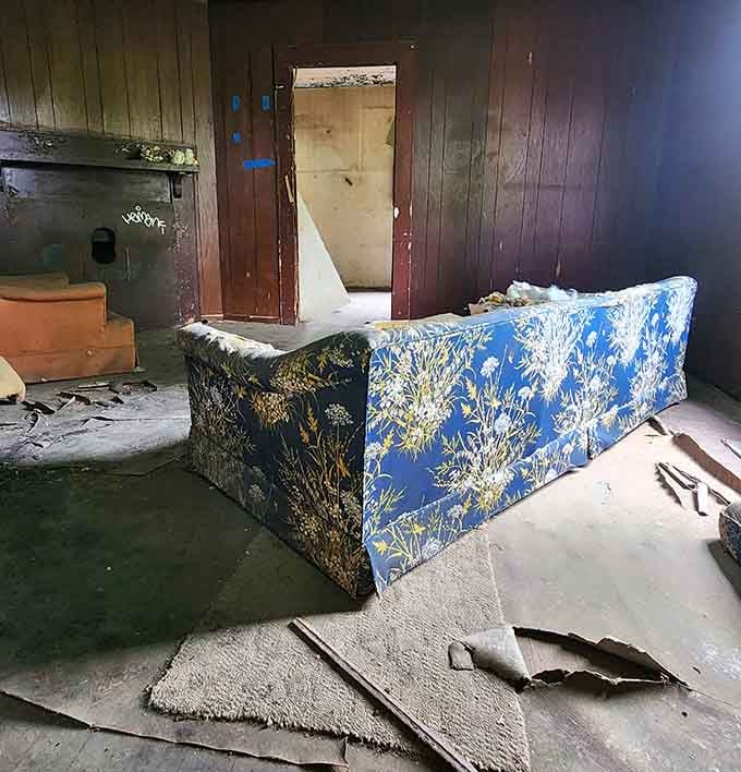 That vintage couch has seen better days, but it's still holding court in an empty room with stories.