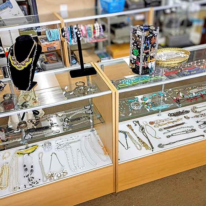 Jewelry displays sparkling with possibilities, where vintage meets bargain in the most delightful way possible.