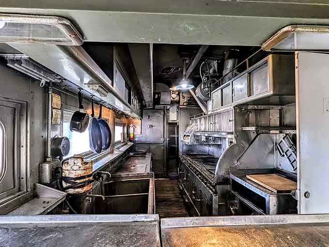 That's a real working kitchen from a dining car, where cooks somehow prepared full meals on moving trains.