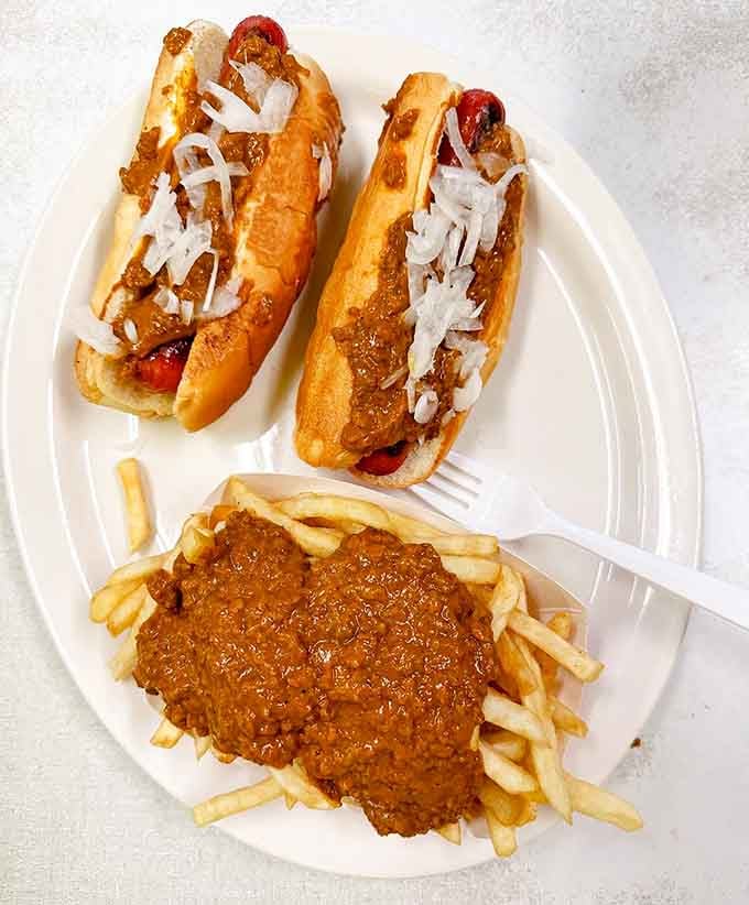 Coney dogs with chili and crispy fries, Detroit's love language translated to lunch.