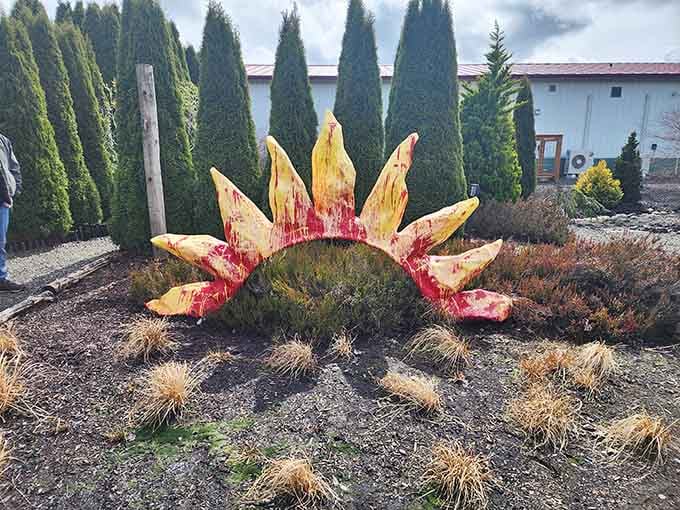 This weathered sun sculpture adds a touch of celestial charm to the museum's aquatic theme, because why not?