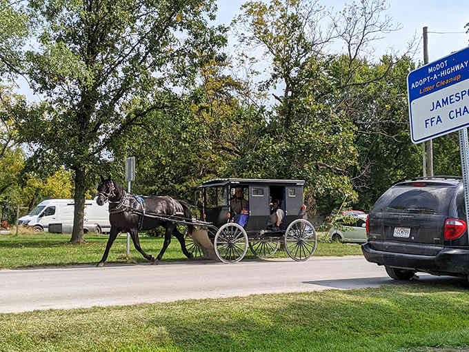 Horse-drawn buggies sharing the road with SUVs creates a timeline collision that somehow works perfectly here.