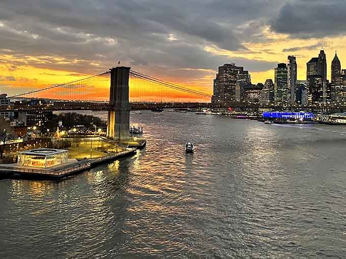 Sunset views of the Brooklyn Bridge and Manhattan skyline make every ride feel like a movie scene.