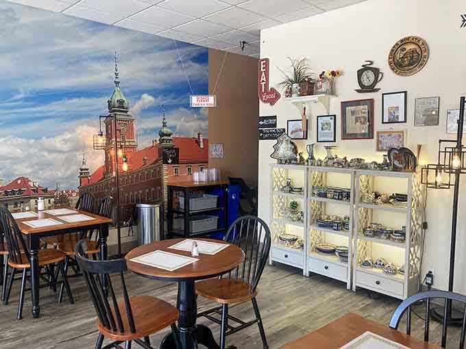That stunning Warsaw mural transports you across the Atlantic while you stay comfortably seated in Westfield, Massachusetts.