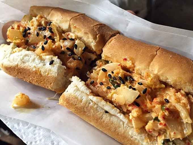 Kimchi meets hot dog in a fusion that makes perfect sense once you taste it.
