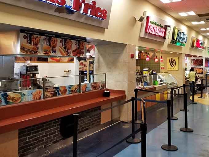 The food court stands ready to refuel weary shoppers with familiar favorites when your blood sugar hits critical levels.