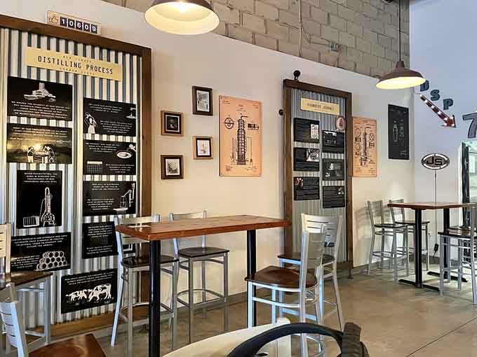 Educational wall displays teach you about distilling while you sip, making you smarter and happier simultaneously.