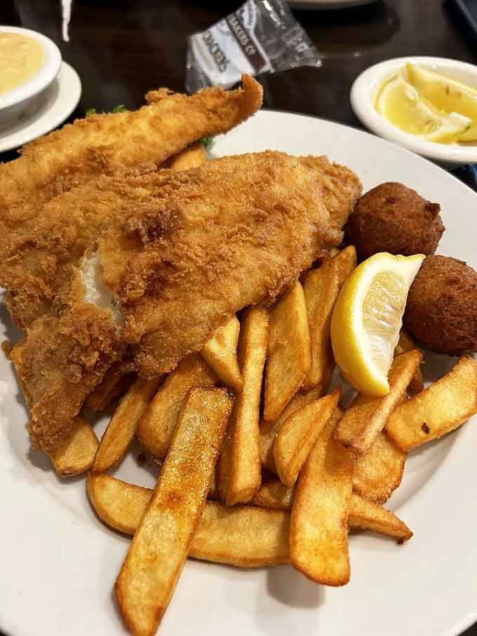 Golden fried fish with crispy fries, because sometimes dinner food makes the best breakfast companion.