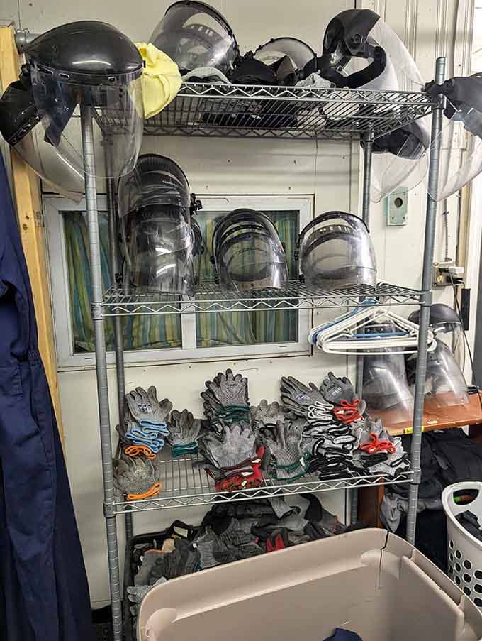 Face shields and helmets lined up like soldiers ready for battle, except this battle is against your Monday blues.