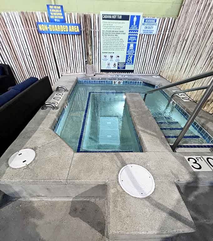 Private cabanas offer a quiet retreat for parents who need five minutes of peace before the next cannonball contest.