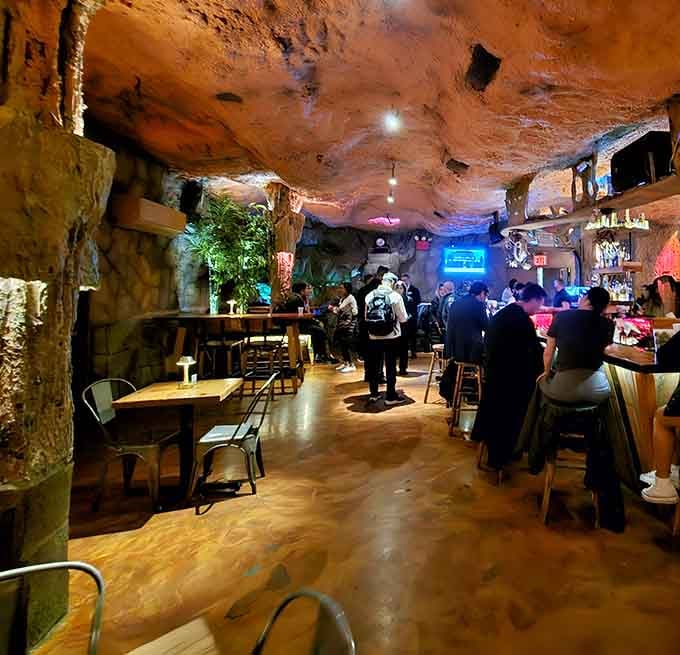 The crowd tells you everything: when people fill a cave-themed restaurant, the concept clearly works beyond novelty.