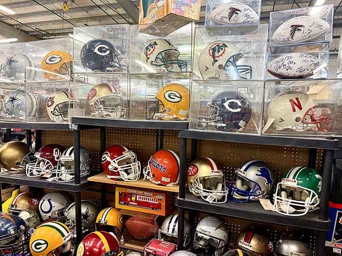 Football helmets from the glory days, when players were tougher and the merchandise was actually collectible.